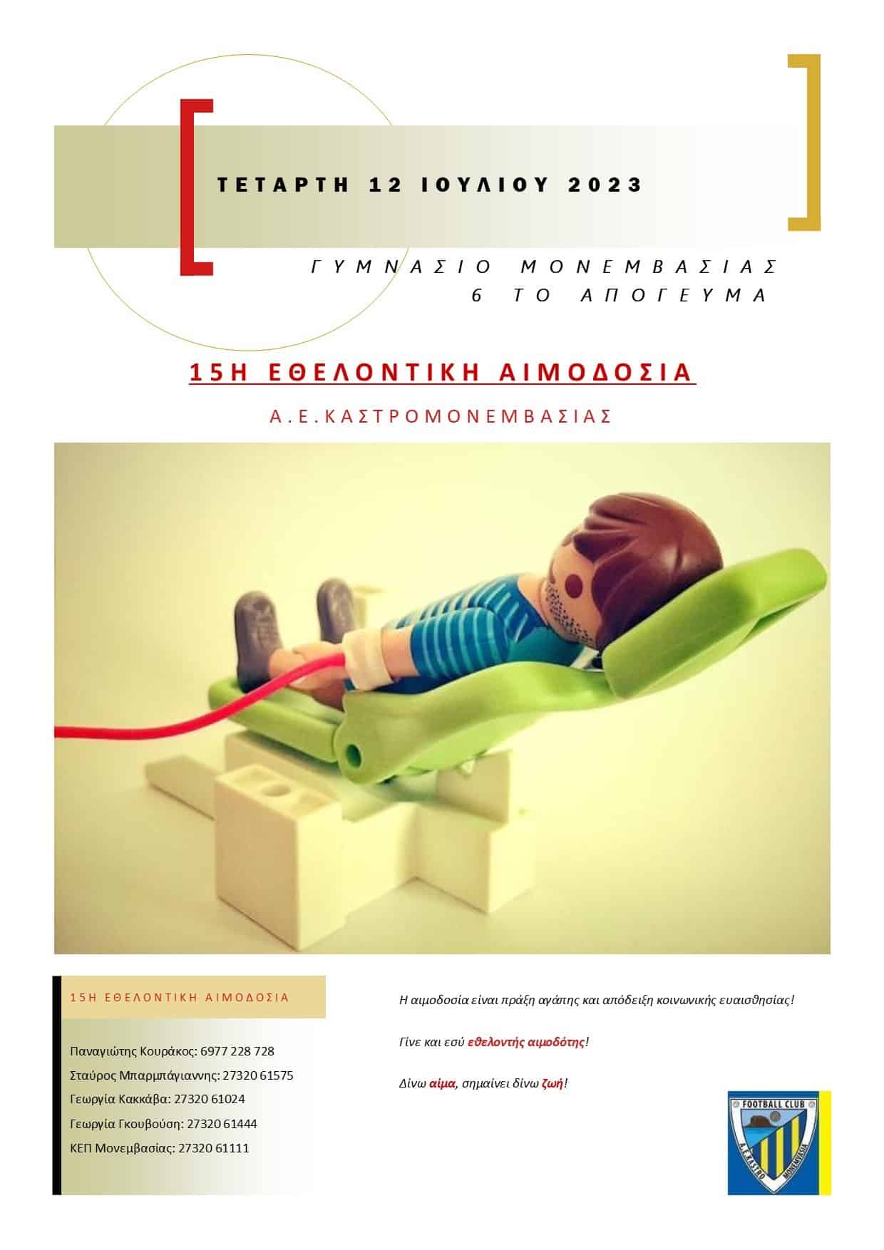 ΑΕ Κάστρο Μονεμβασιάς | 15η εθελοντική αιμοδοσία
